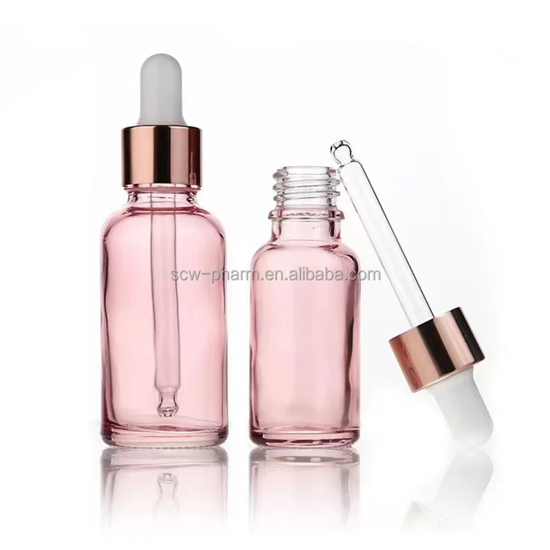 Pink Clear Glass Dropper Bottles with Electrochemical Gold Ring