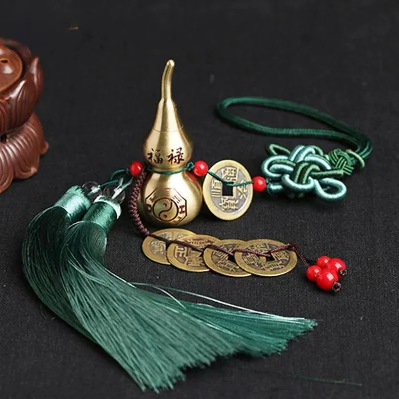 Bagua Copper Gourd Five Emperor Coins Chinese Knot Pendant
