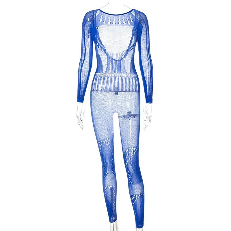 Women's Skinny Fit Sexy Fishnet Hollow Full Sleeve One Piece Jumpsuit ...