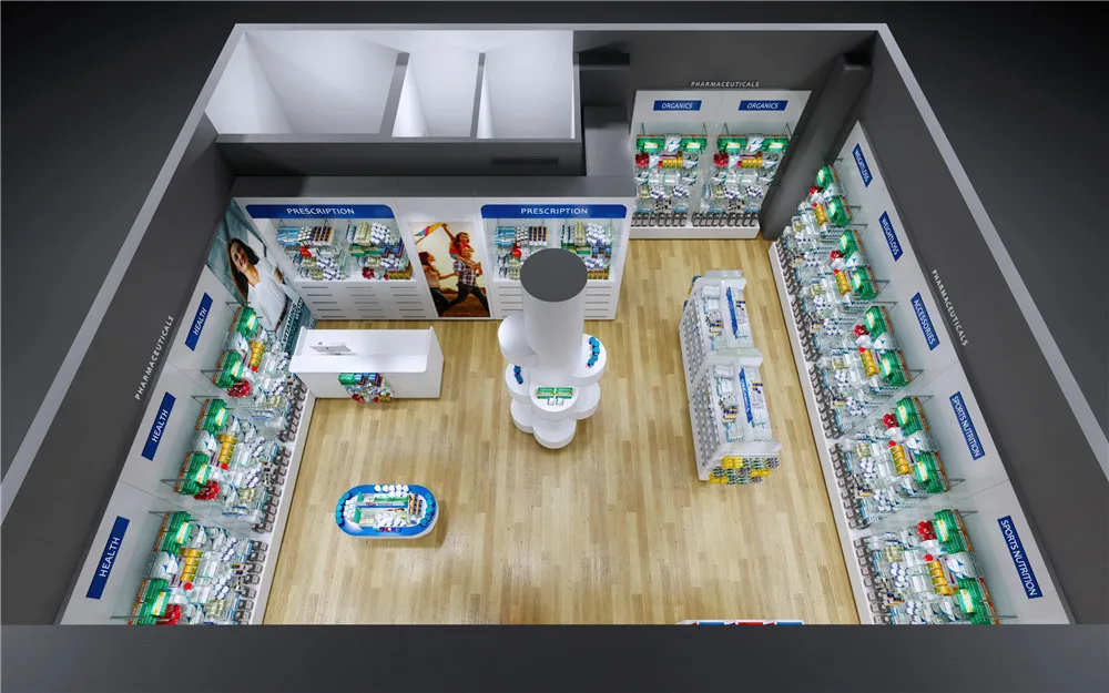 Health Store Wall Stand Glass Shelves for Pharmacy Display