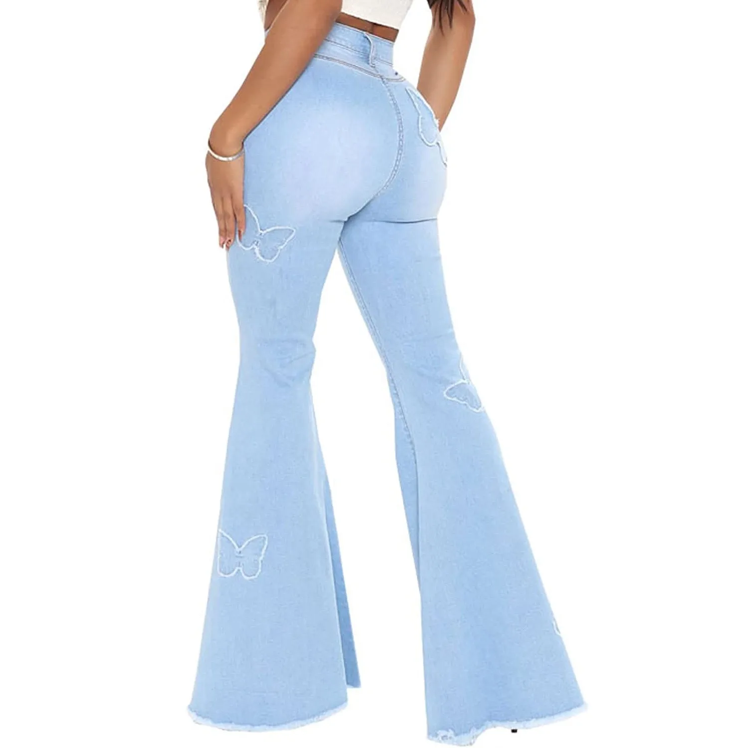 Classic Butterfly Embroidered Bell Bottom Jeans for Women Light Blue High Waist Raw Hem Fashion ...