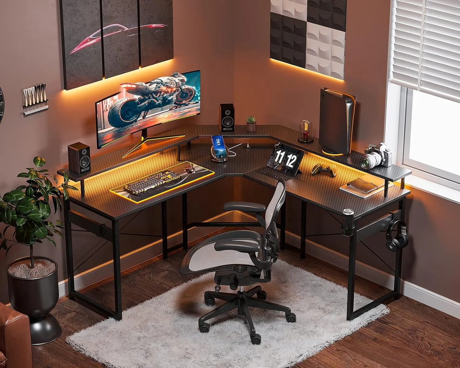 Modern L-shaped Corner Gaming Desk Wooden Home Office Computer Table ...