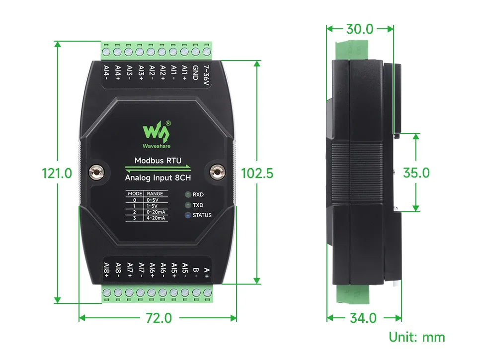 Modbus RTU Analog Input 8CH (B) Waveshare Industrial Modbus RTU 12-bit ...