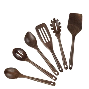 6 Pces 12 Inch Kitchen Cooking Long Handle Natural Black Walnut Wooden ...