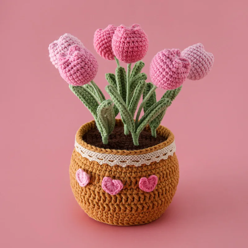 Lovely Handmade Crochet Simulation Tulip Potted Plants with Vase for ...