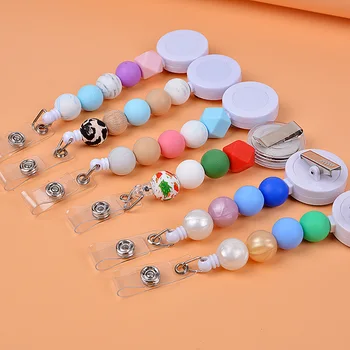 Add A Bead Retractable Name Id Badge Reel Metal White Beadable Keychain ...