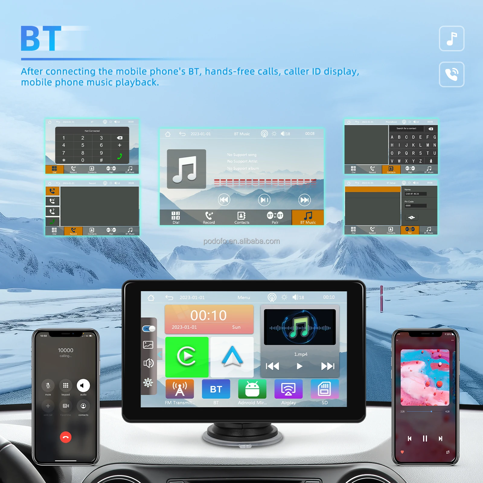 Podofo 7'' Portable Wireless Carplay & Android Auto Display With Fm ...