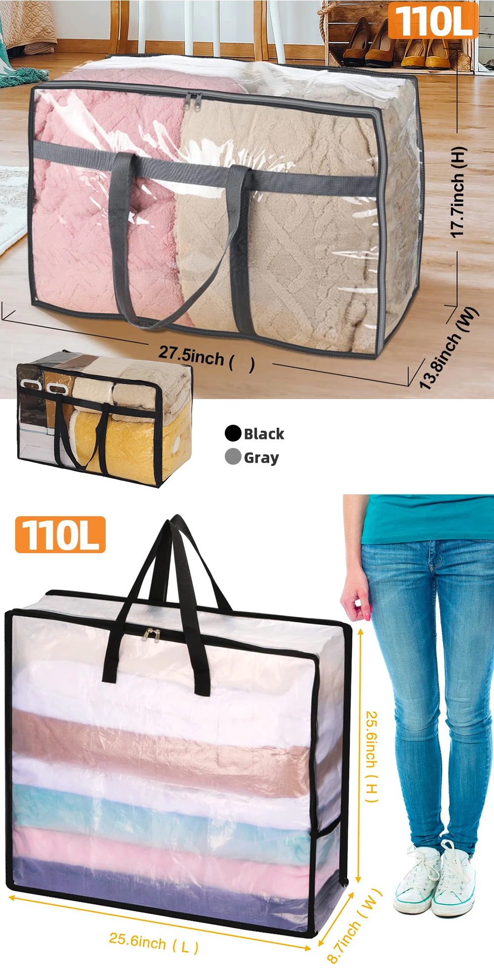 Durable 60l Clear Plastic Zippered Storage Bags For Blanket Clothes ...