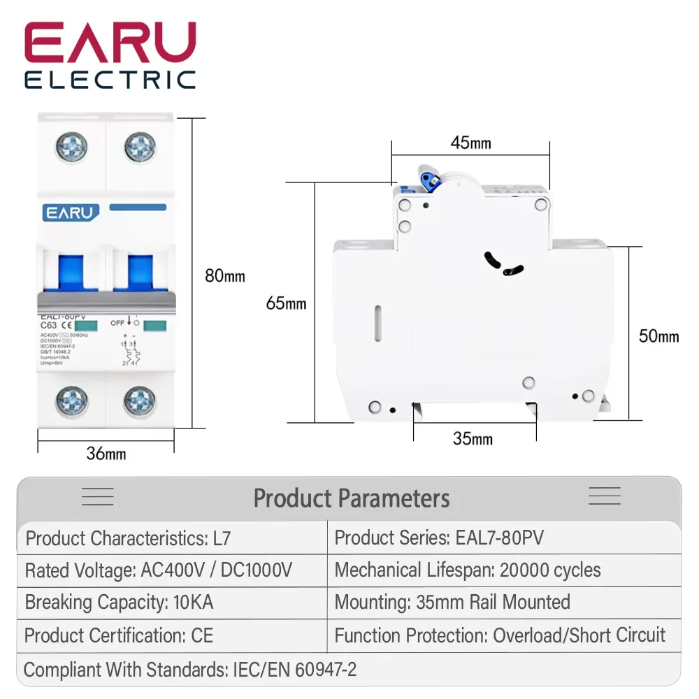 1000V 400V MCB Solar PV Mini Circuit Breaker 6A-80A Overload Protection ...