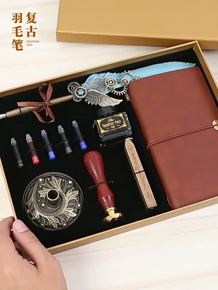Luxury Calligraphy Feather Dip Pen Writing Ink Set Stationery Gift Box ...