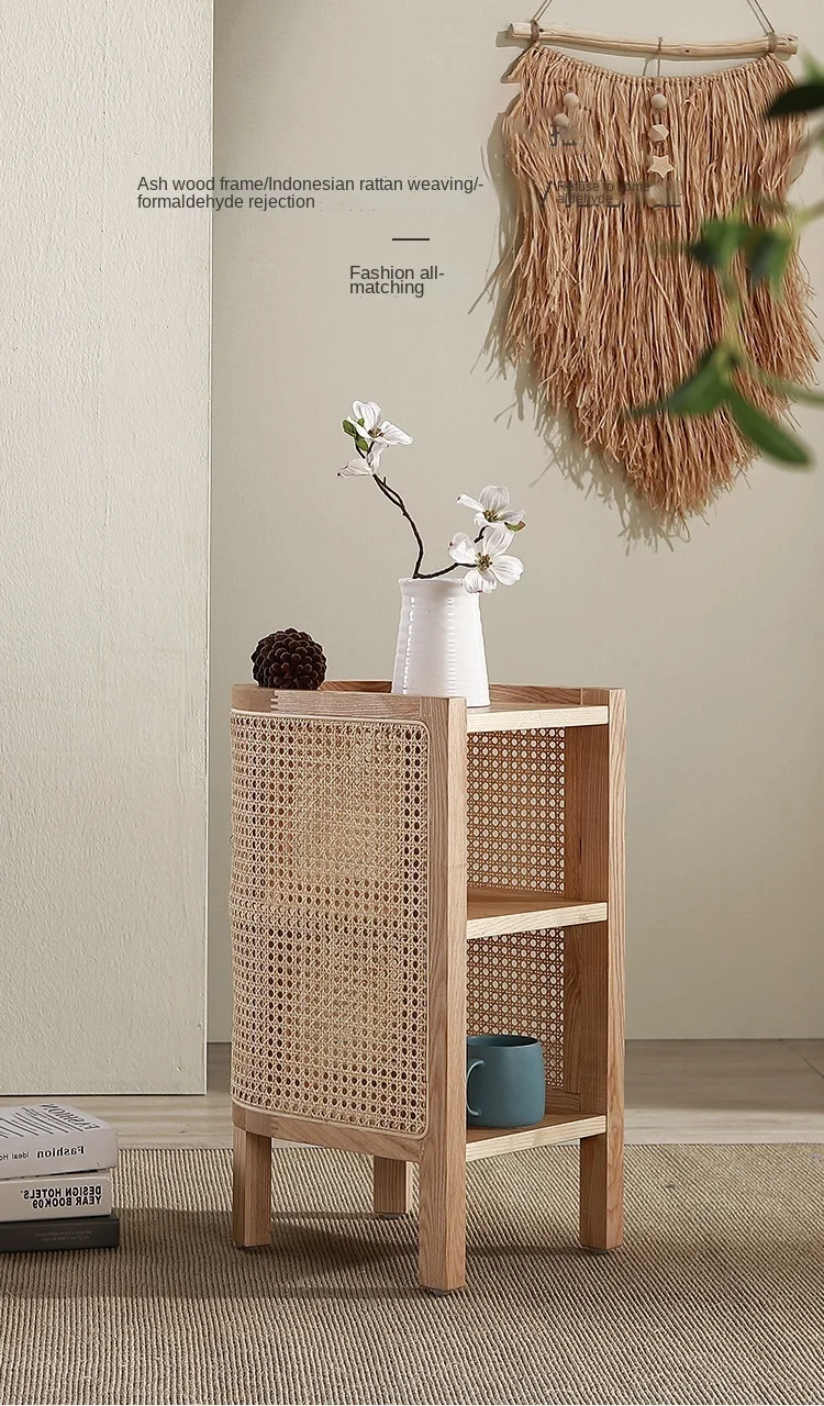 Japanese Style Solid Wood Rattan Bedside Table and Side Cabinet Locker