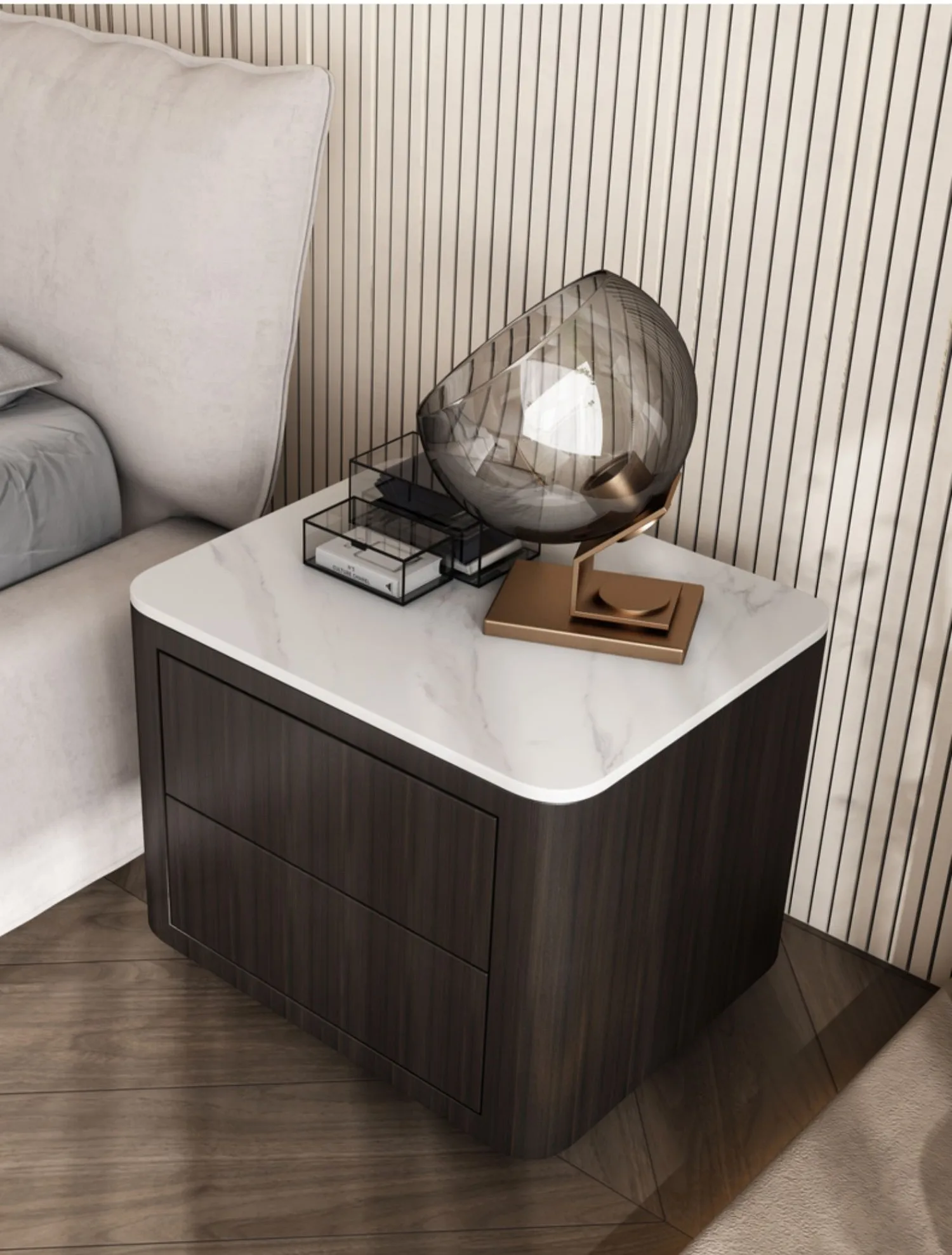 Modern Italian Night Table Black Veneer Storage Nightstand Light Luxury ...