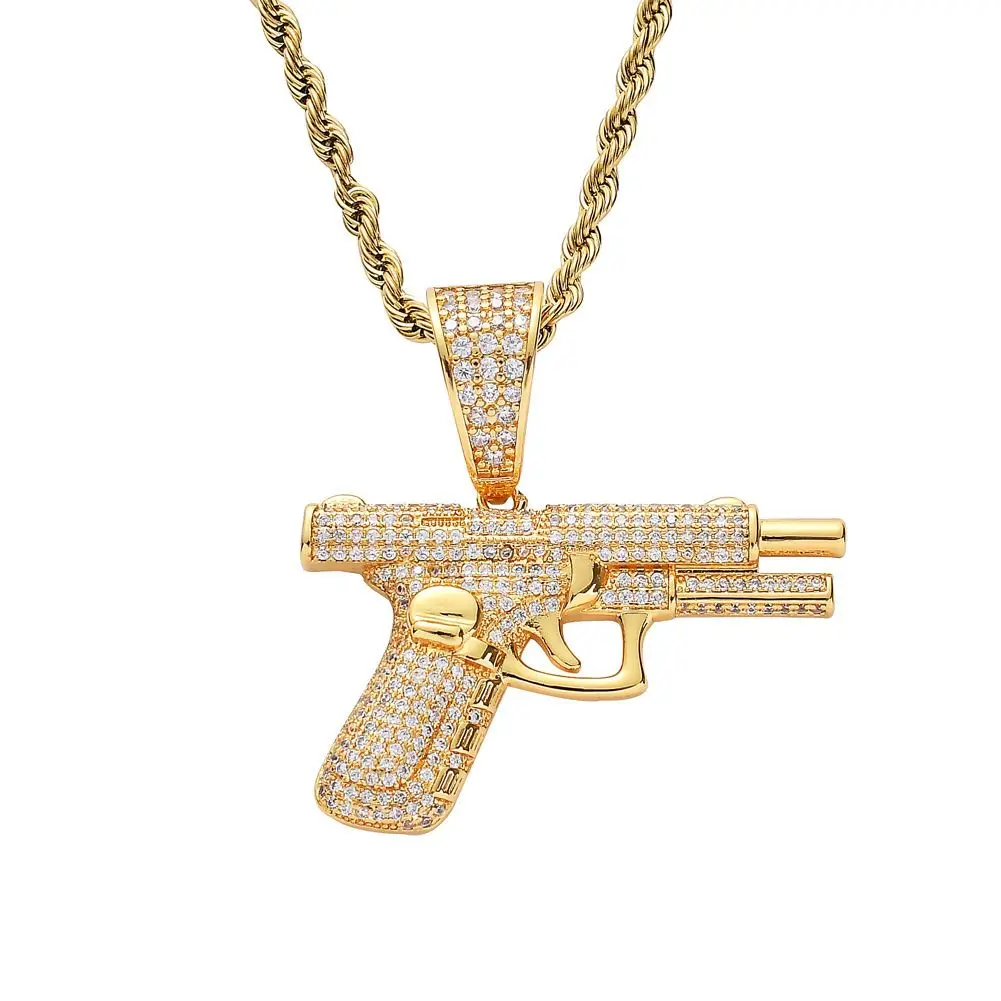 Gun Pistol Solid Golden Finish Pendant Real Rope Chain Necklace ...