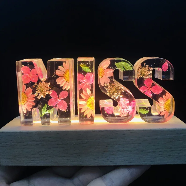 Dried Floral Resin Letters With Wood Led Decorative Night Lights - Home ...