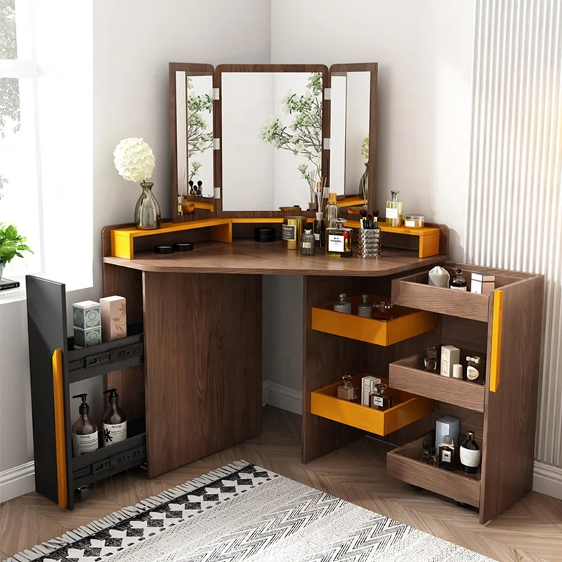 Bedroom Decoration Storage Corner Makeup Vanity Table Wooden Dresser Furniture With Mirror