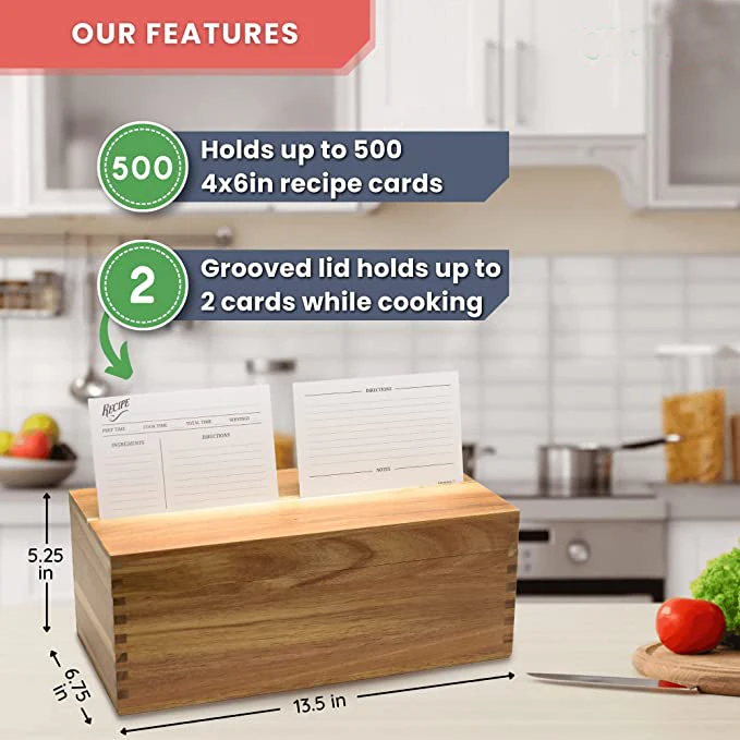 Kitchen Acacia Wood Recipe Box Larger Size Holds 50 4x6 Inch Cards In 2 ...