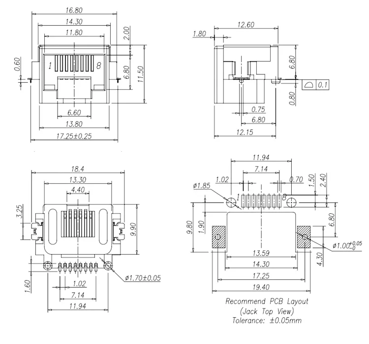 Half-shieled Right Angle Rj45 Smt Offset Connector 90 Degrees Modular ...