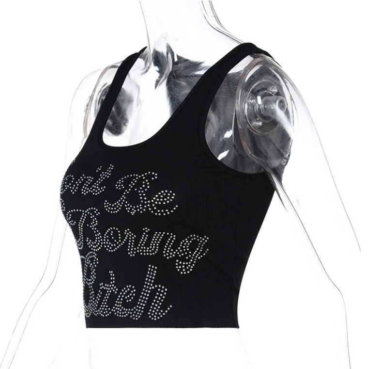 2021 Summer Custom Women Black Rhinestone Logo Crop Tank Top For Ladies ...