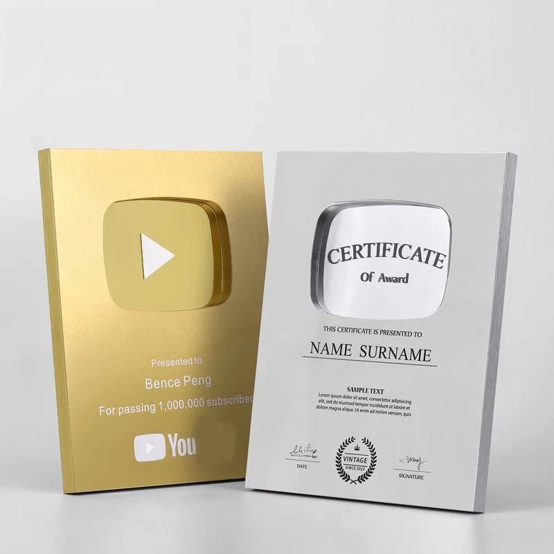 Custom aluminum engraved printed trophy flat gold silver plated youtube ...