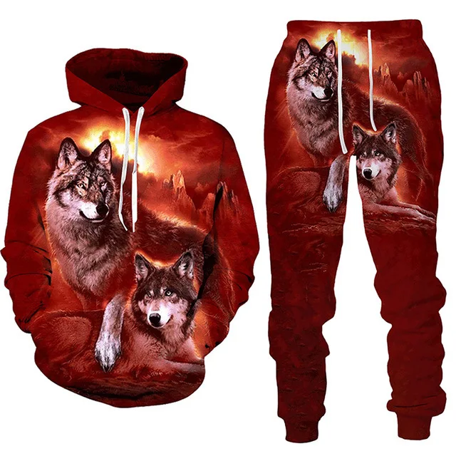 Men's Hood 2 Piece Set - Personalized Wolf Print Tracksuit