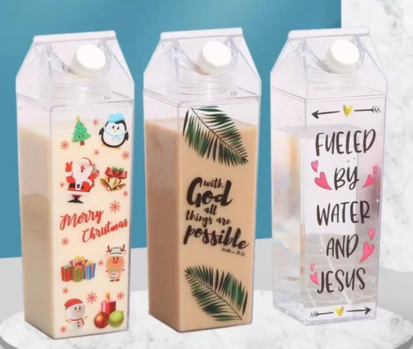 Clear Square Milk Carton 1L Water Bottle With Stickers Plastic Portable ...