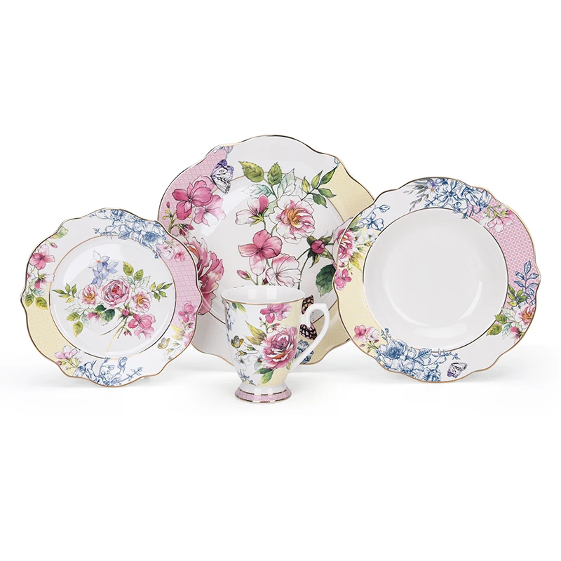 Ceramic New Bone China Wave Dinner Plate Sets Luxury Floral Gold Rimmed ...