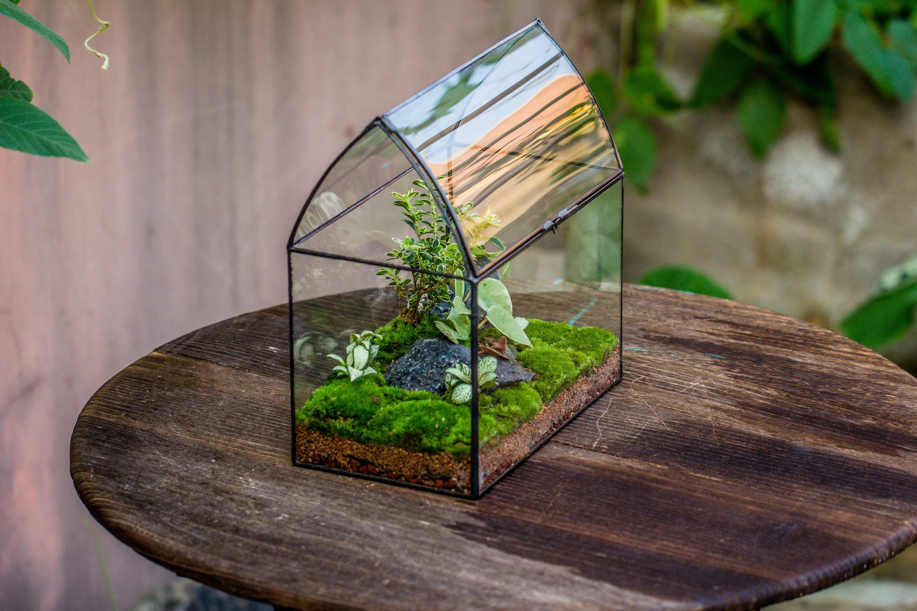 Vintage Glass Tin Closed Terrarium Acrylic Lid House Shape Arched ...