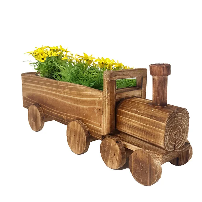Retro Wooden Train Shape Flower Pot Succulent Planter For Office Indoor ...