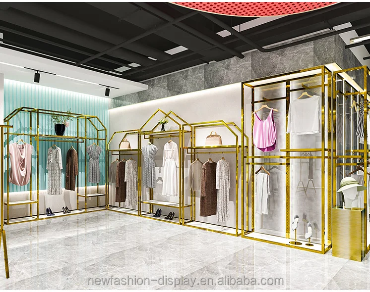 Custom Shiny Gold Stainless Steel Clothes Stand Apparel Garment Display ...