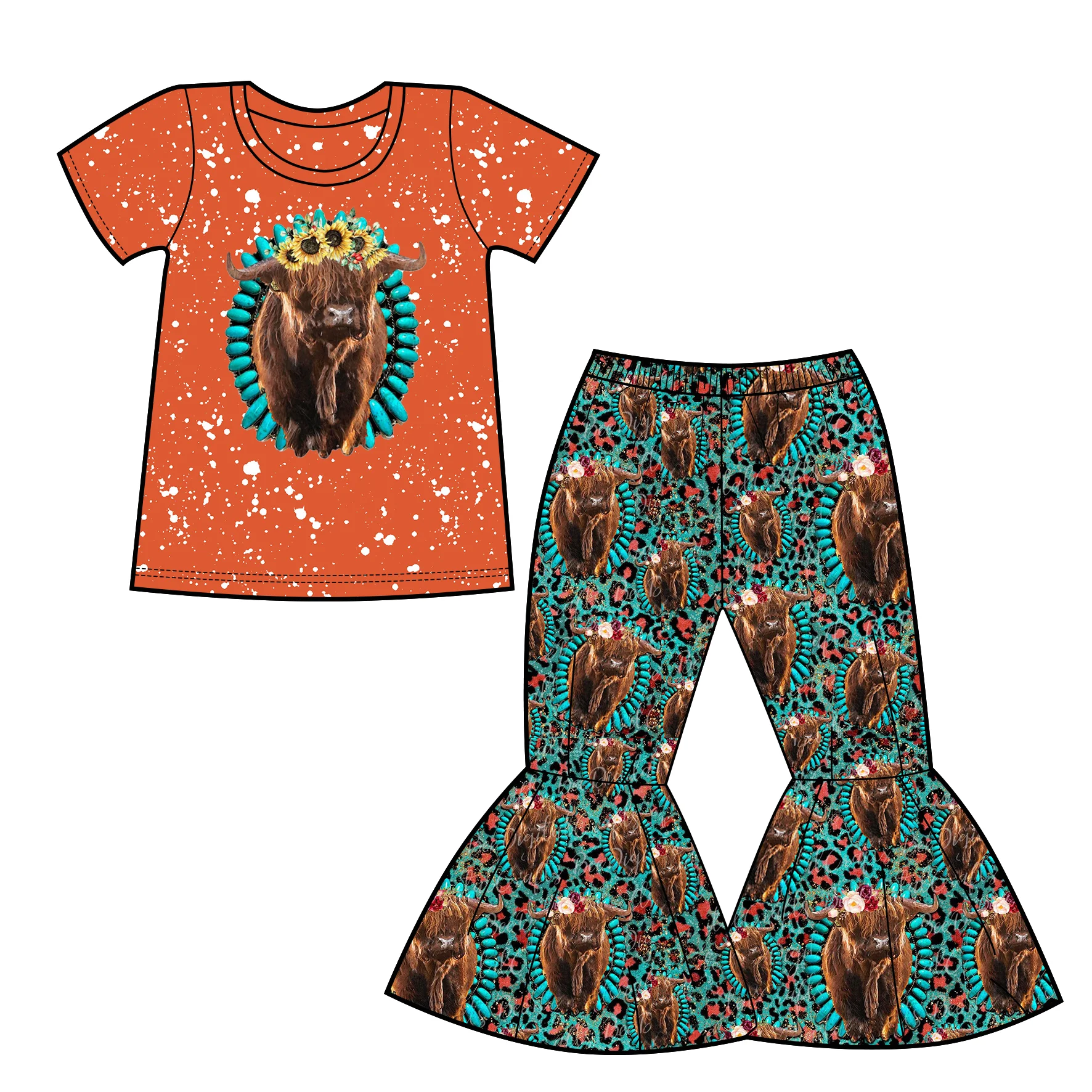 Kids Outfit Farm Animals Print Clothes 2 Piece Caw Floral Outfit Bell ...