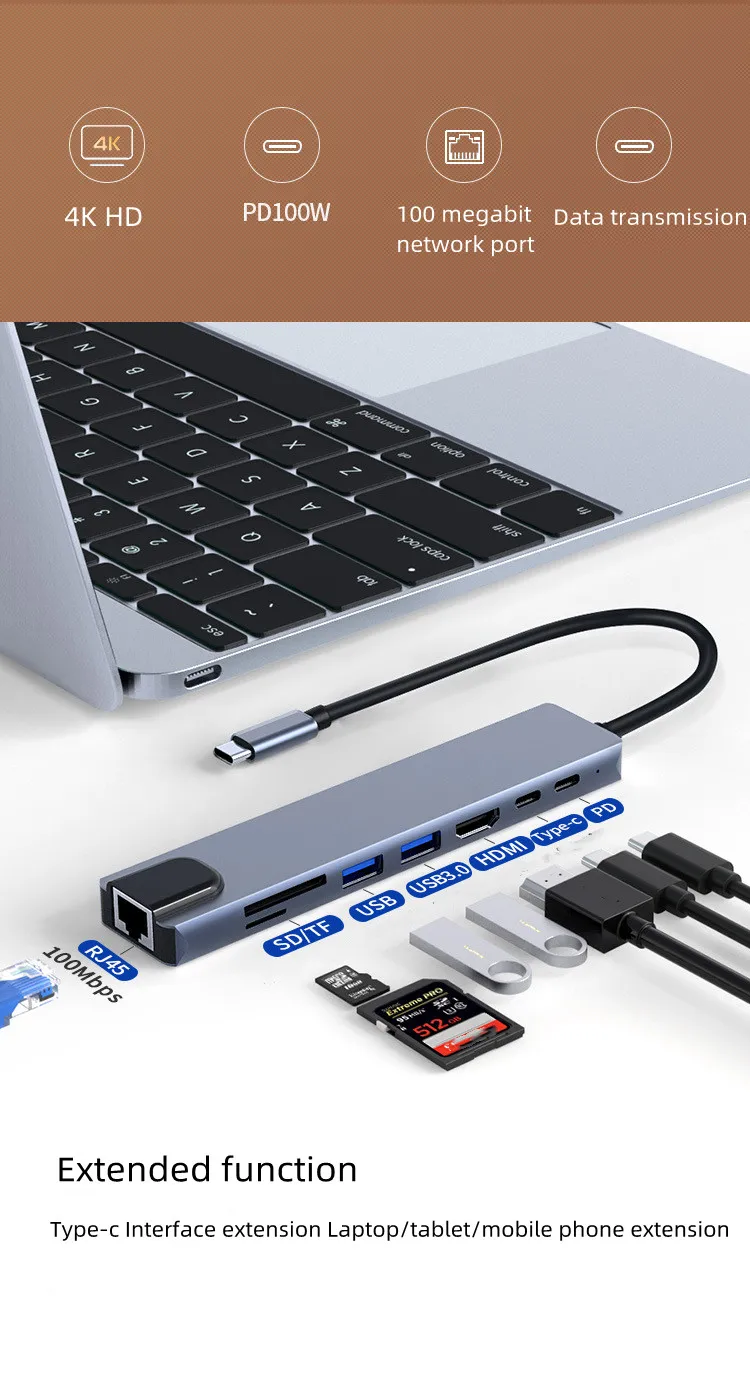 8 Port Usb Type C Splitter 3.0 Hubs Docking Station With 4k/pd//rj45 ...