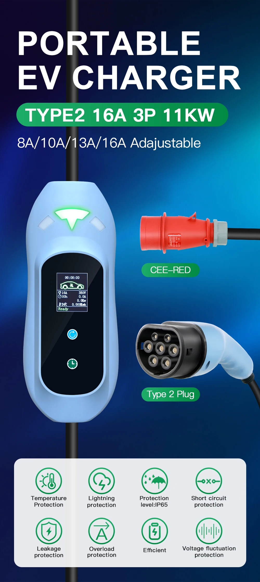 Isigma Level 2 Electric Car Charging Station Portable Evse 16a Home Ev ...