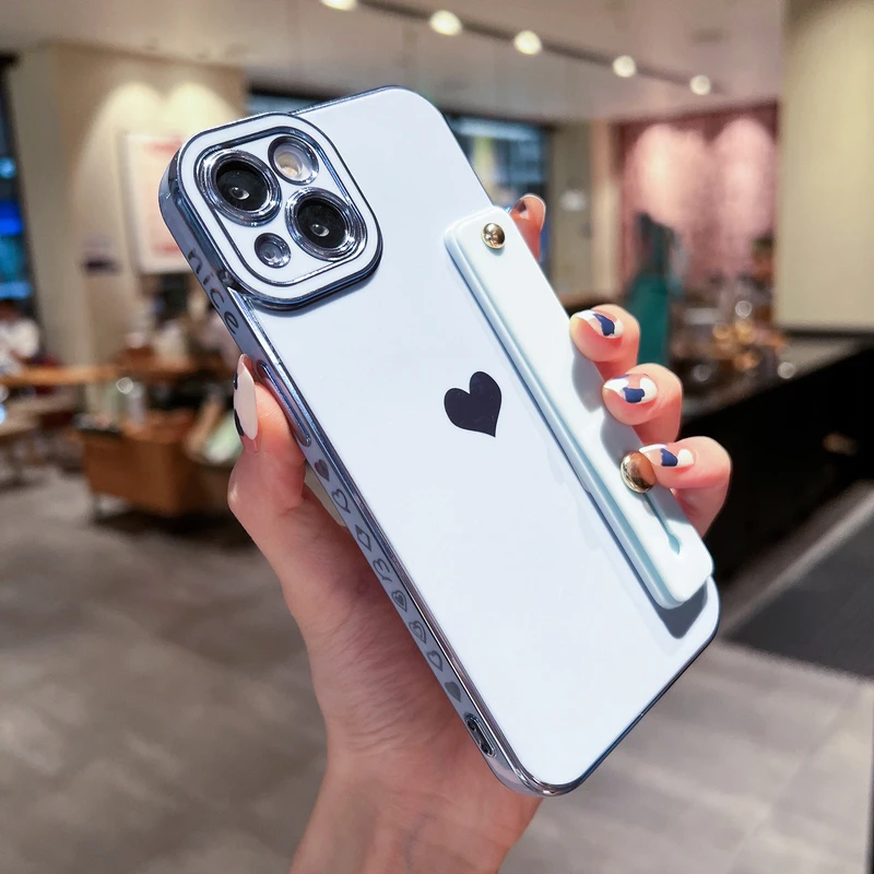 Cute Luxury Electroplated Edge Love Heart Phone Case With Chain Strap Pretty Case For Iphone ...