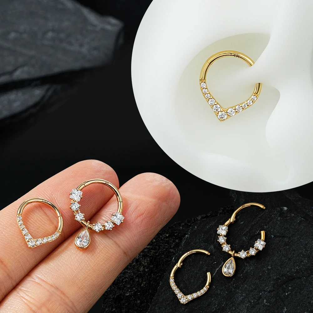 14K Yellow Solid Gold Nose Septum Earrings Clicker Hinged Segment Ring ...