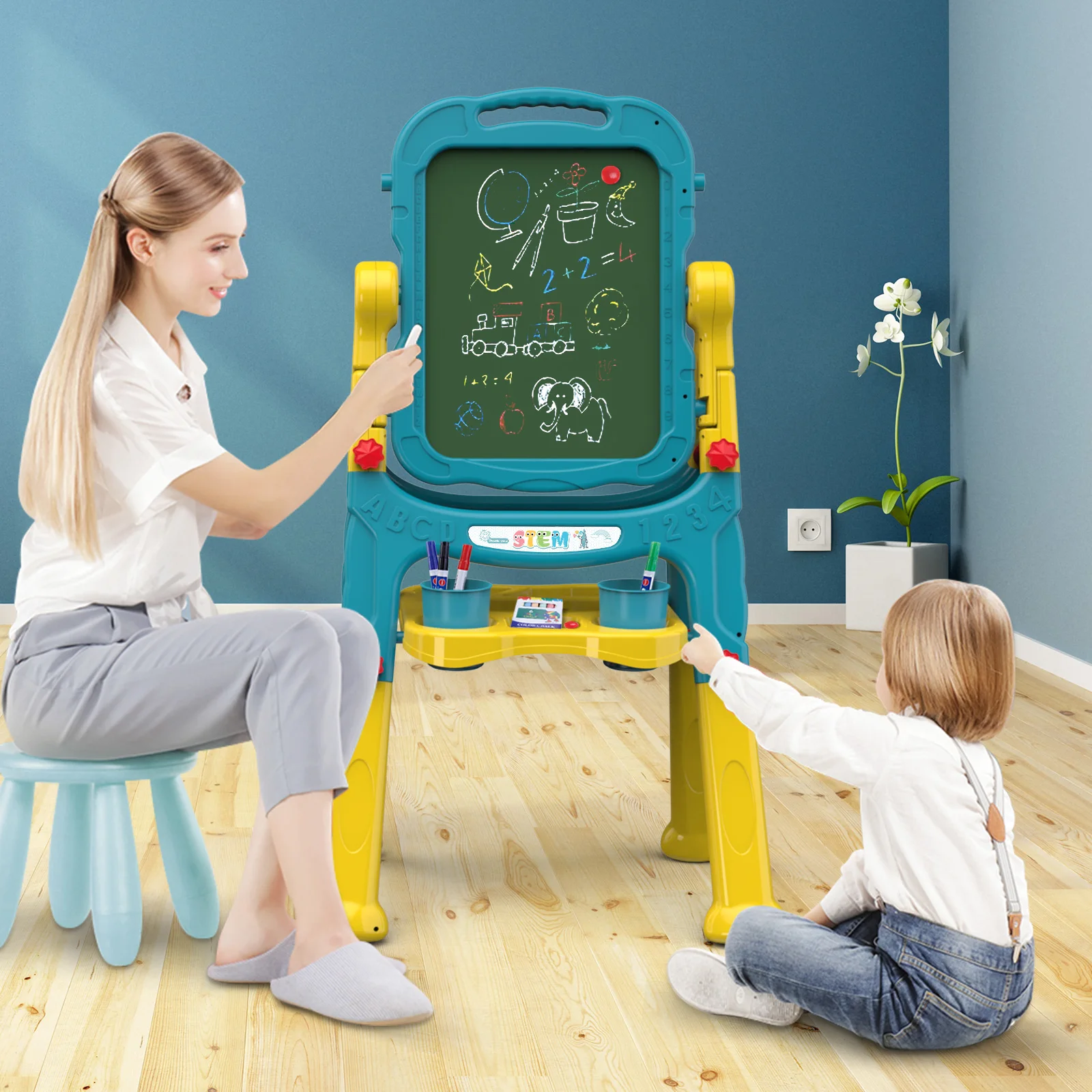 Kids Easel Dry Erase Board - Double Sides & Adjustable Height