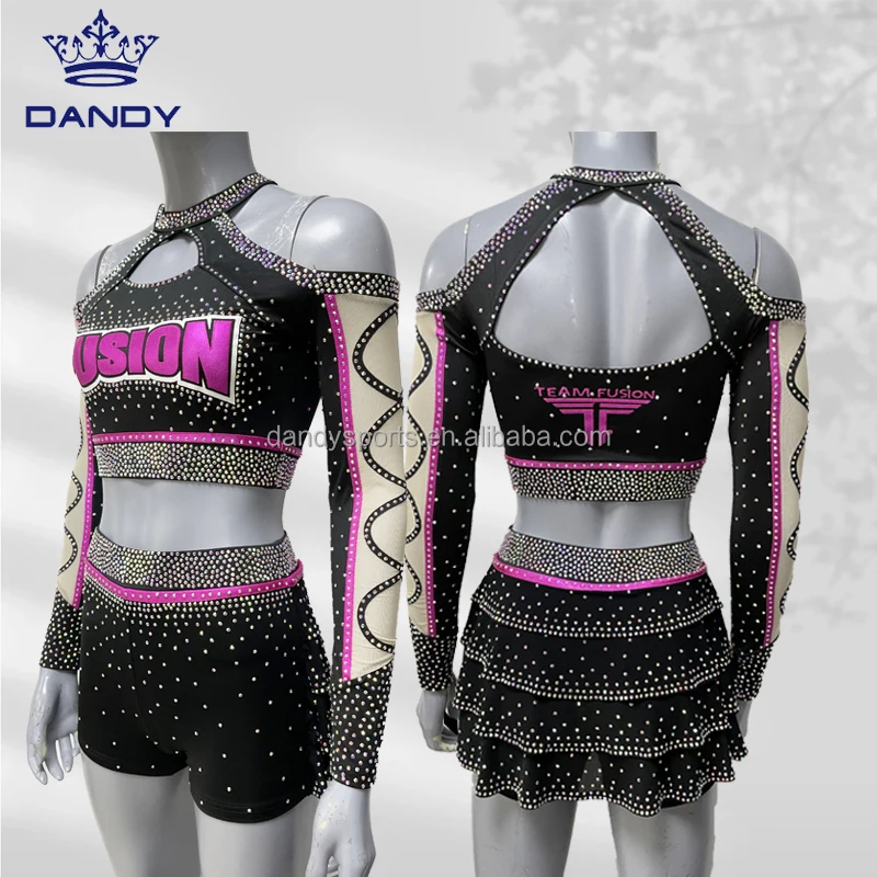 Custom Dancing Uniform Black Cheering Apparel Long Sleeve Rhinestone ...