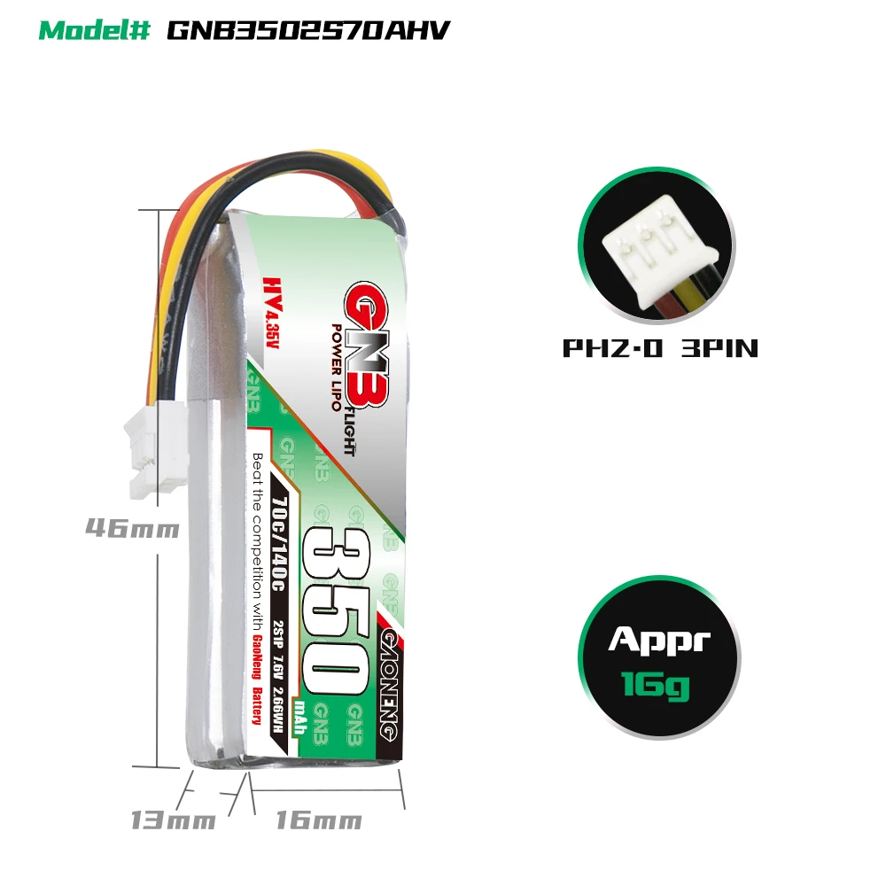 GNB GAONENG 2S 7.6V HV 350mAh 70C LiPo Battery PH2.0 3Pin Connector For ...