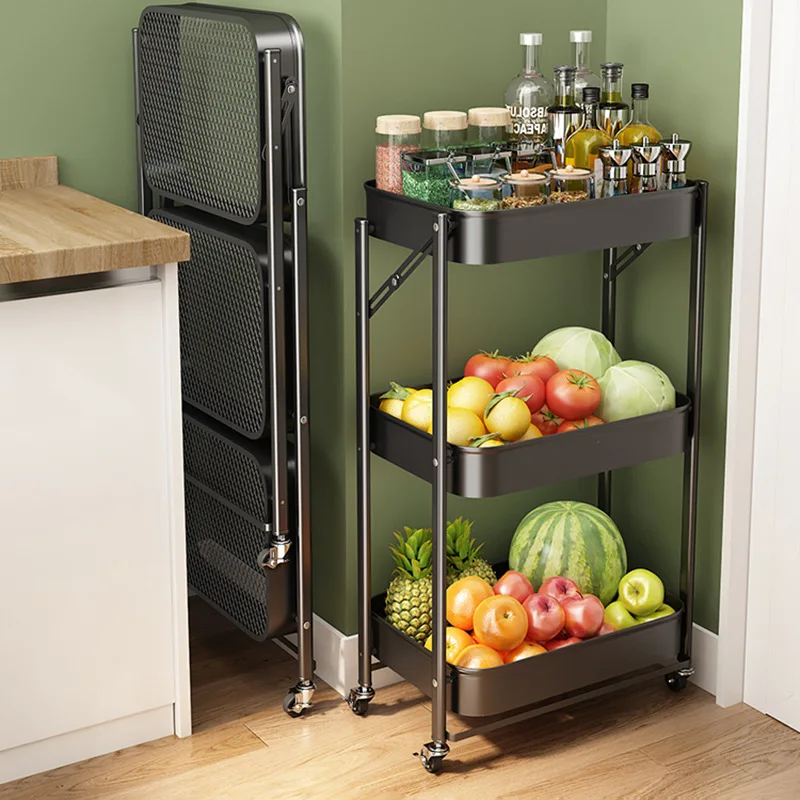 Rolling Utility Kitchen Cart Vegetable Rack 3 Tier Metal Foldable ...