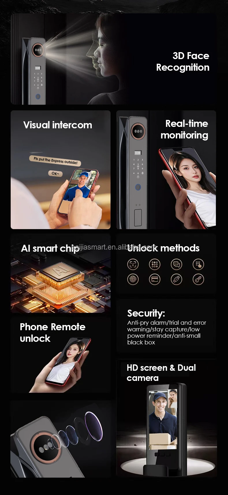 Oem 3d Face Door Lock Smart 2 Cameras Temporary Password Monitoring ...