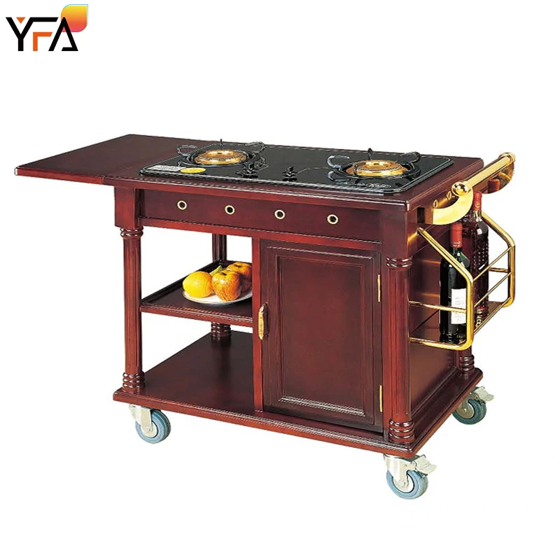 Luxury Red Double Gas Stove Flambe Trolley Cart Movable Wooden ...