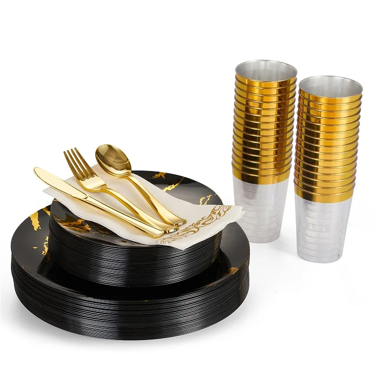 25 Sets Of Gold Rimmed Disposable Plastic Dinnerware Sets Include Fork ...