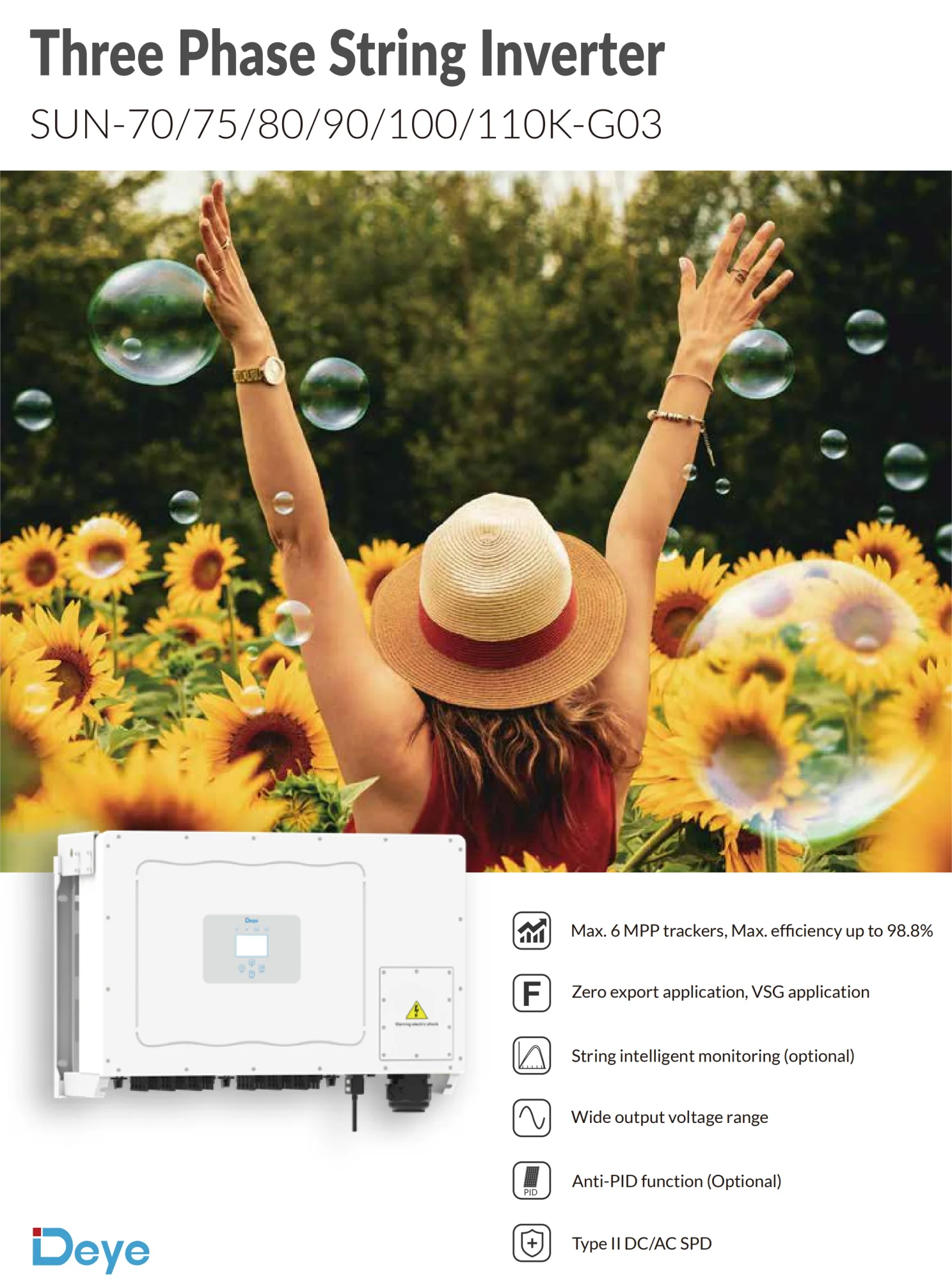 Deye Invert Power Solar Three Phase Grid Tie 100kw On Grid Solar Inverter For Commercial Use ...