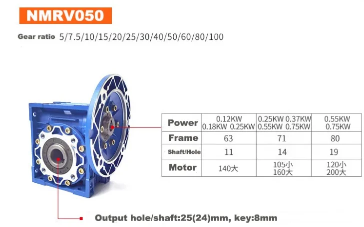 NMRV RV Series Worm Gear Box 5-100 Ratio 0.25-1.5kw Single Step Reduction Electric Motor Speed ...