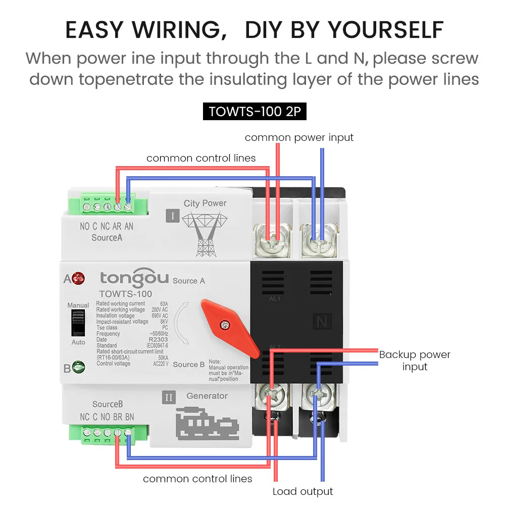 TONGOU 4P 16A 40A 63A 100A Automatic Transfer Switch 220V