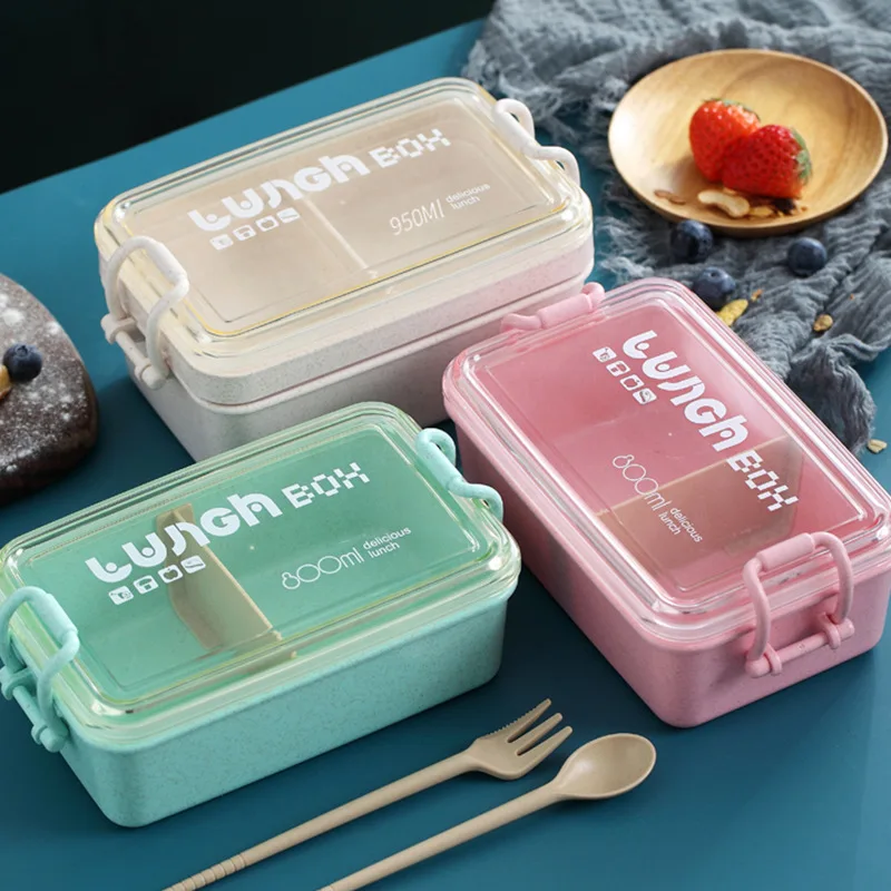 Lunch Box Microwave Safe Food Container Divided Rectangle Wheat Straw ...