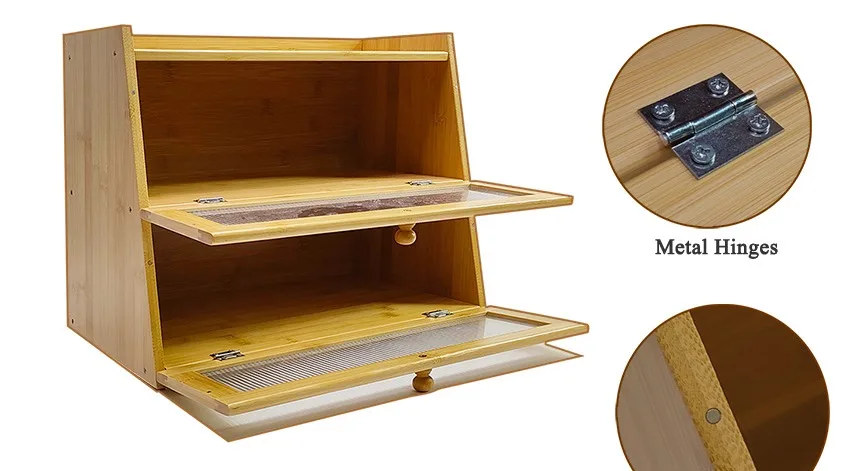 Double Layer Bamboo Large Bread Box For Kitchen Counter Sets With Metal ...