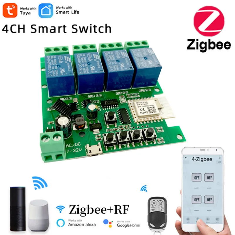 4CH Zigbee Smart Light Switch Module - DC 5/12/32V RF 433mhz