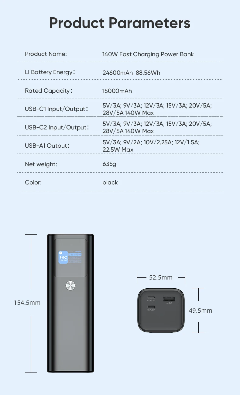 Quick Charging Large Capacity 24600mah Power Bank With Led Display 140w ...