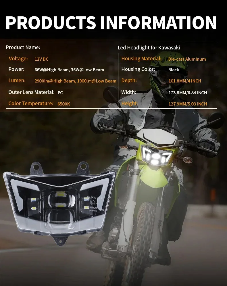 E-mark Led Motorcycle Headlight for Kawasaki KMX KX KLX KLR KLE ZZR KDX 110 125 140 250 300 450 ...