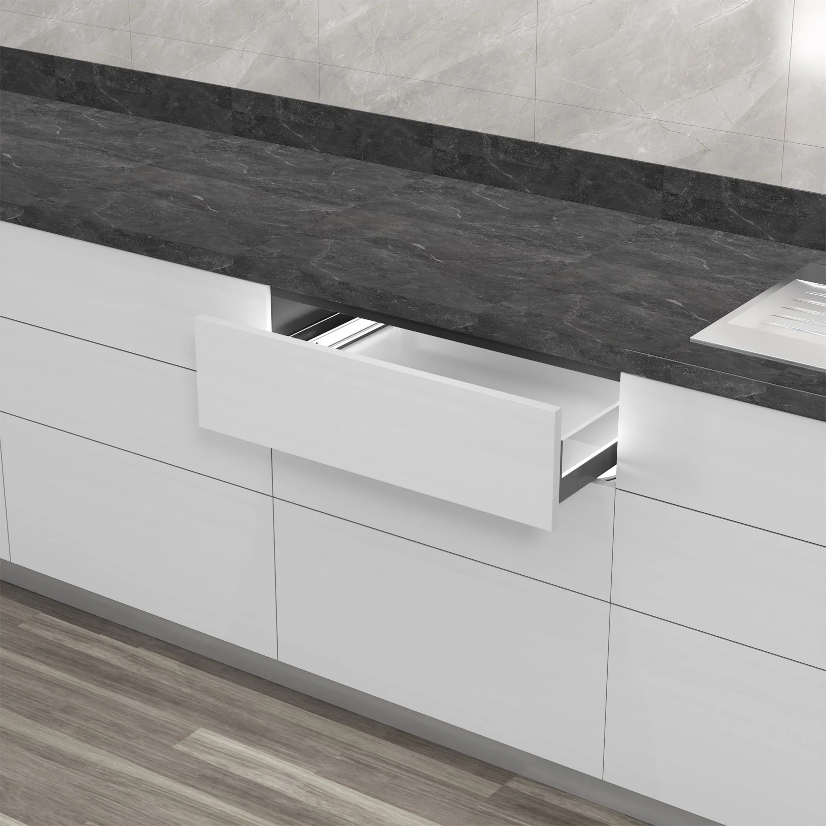 Garis Glass Side Kitchen Cabinet - Soft Closing Concealed Box